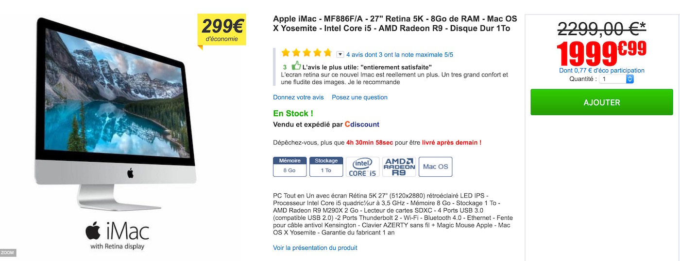 Bon plan : un iMac Retina 5K avec 13% de promotion + 400€ en bon d ...