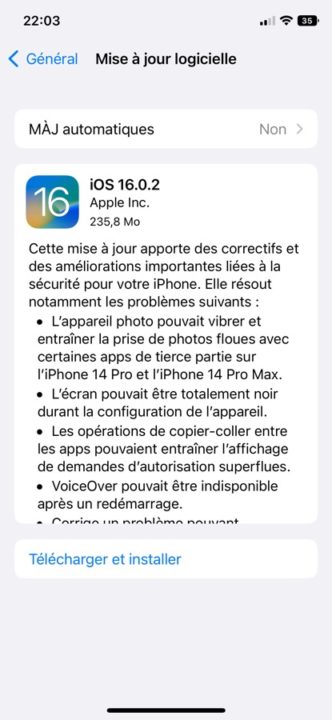 iOS 16.0.2 est disponible et corrige des bugs : iPhone 14 Pro, caméra qui tremble, copier-coller ...