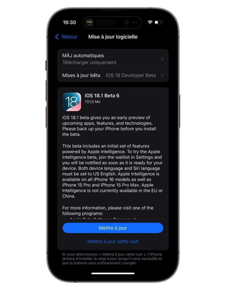 Bêta 6 pour iOS 18.1 + bêta 4 de watchOS 11.1, tvOS 18.1 et visionOS 2. ...