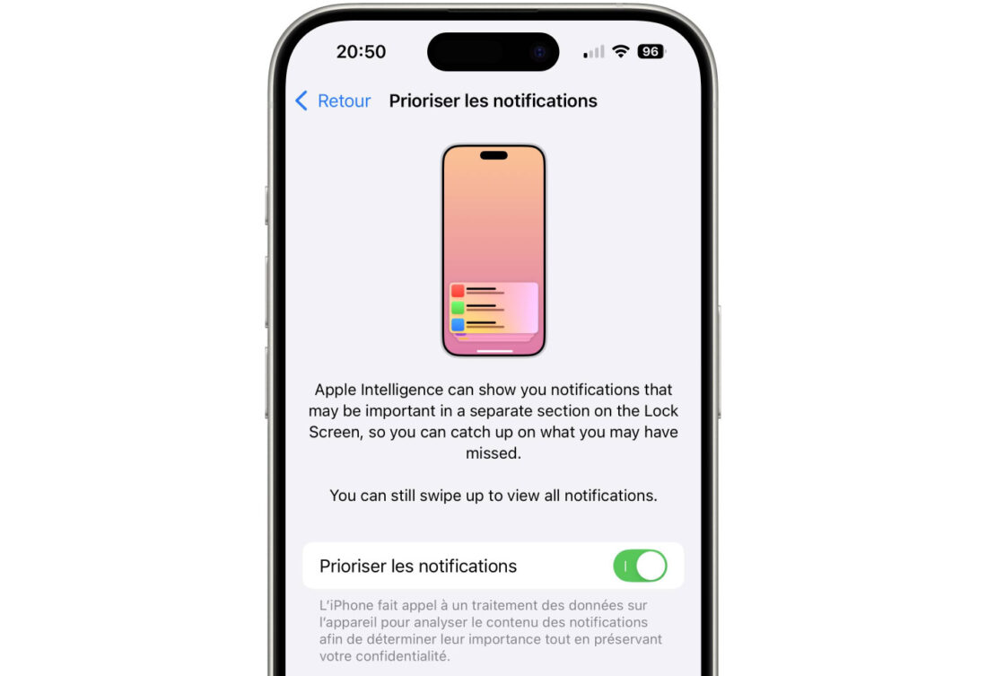 iOS 18.4 ajoute une option "Prioriser les notifications" liée à Apple ...